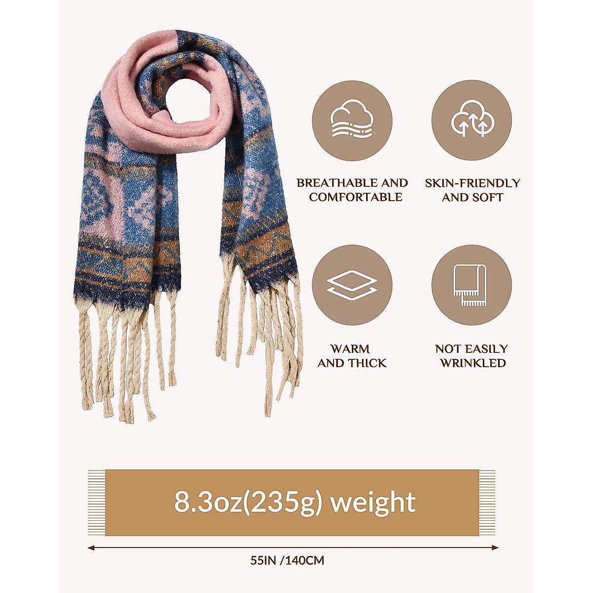 Scarf for Women - Winter Scarfs Fashion Long Scarf Shawl, Scarves for Women Winter Warm Blanket Scarf, Soft and Warm Cashmere Scarf Mohair Fish Bones Large Scarves
