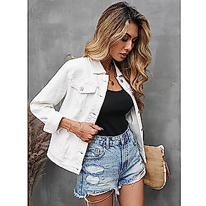 luvamia Women's Casual Denim Jacket Stretch Long Sleeve Button Down Basic Jean Trucker Jacket White Size Medium