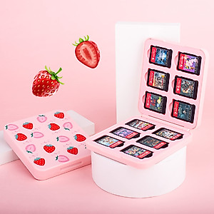 FANPL Game Case Holder for Nintendo Switch/ OLED/ Lite,12 Game Card and 12 Micro SD Card Slots Portable Storage Case for Switch, Cute Switch Cartridge Box with Hard Shell & Soft Liner-Pink Strawberry