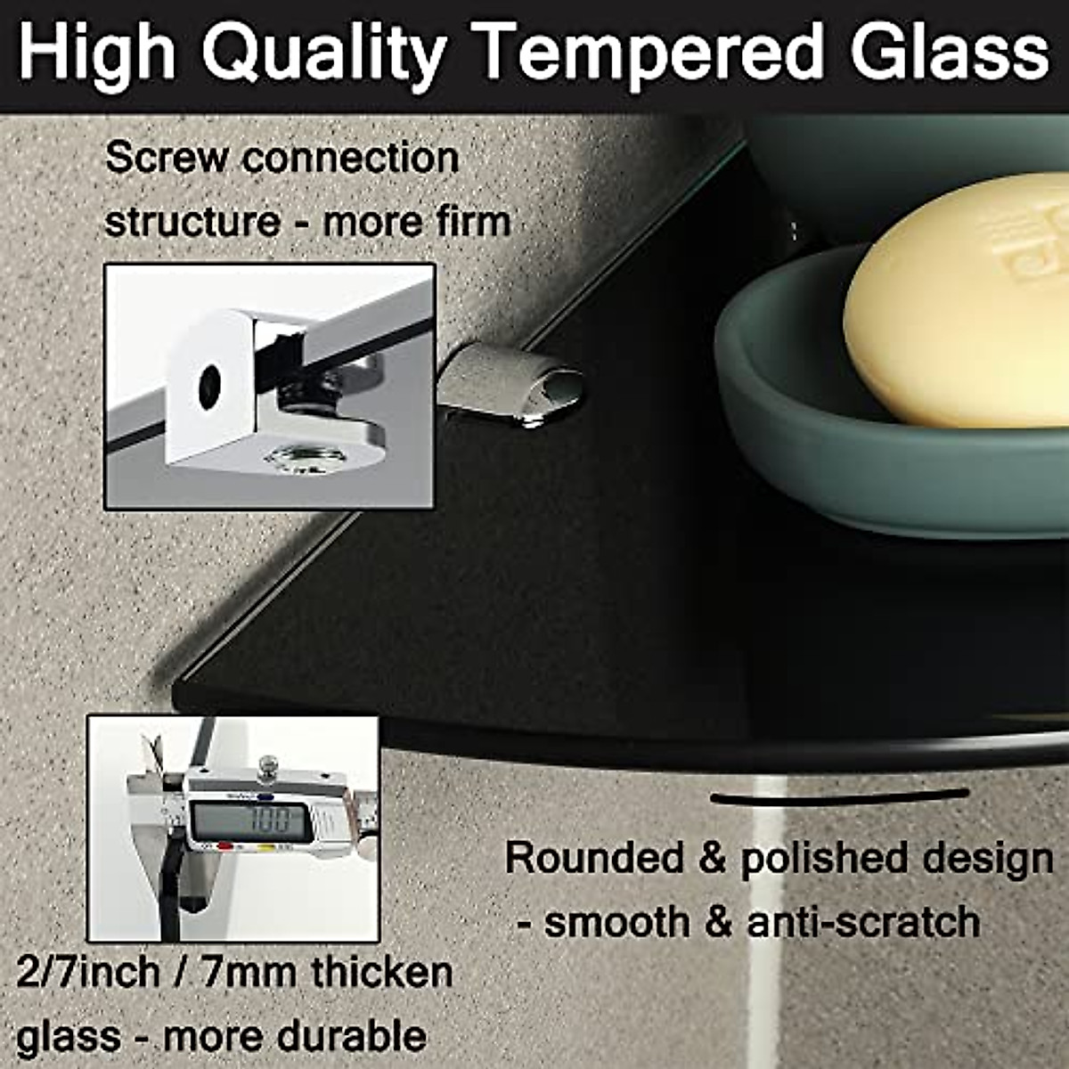 SAYAYO Glass Corner Shelf for Wall, 10 X 10 Inch Chrome Tempered Floating Glass Shelves for Bathroom 1 Pack, Black