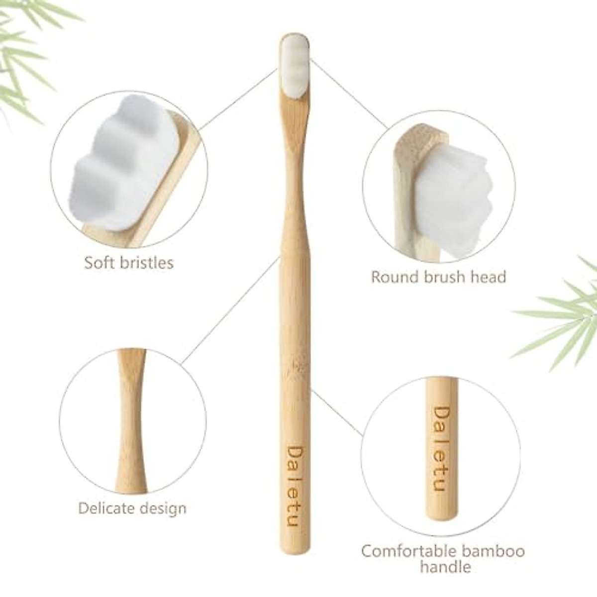 Daletu Bamboo Toothbrush, Biodegradable Toothbrushes Extra Soft Bristles, 20000 Soft Natural Bristle Toothbrush, Eco Friendly Toothbrushes for Sensitive Teeth Gum Recession - 4 Pack