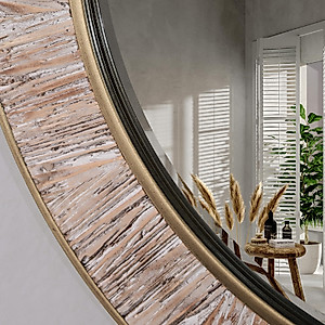 36 Inch Round Mirror,Gold Metal&Wood Frame Circle Mirror,Bathroom Mirrors for Over Sink,Wall Mirror for Living Room, Bathroom,Vantiy,Gold Circle Mirror