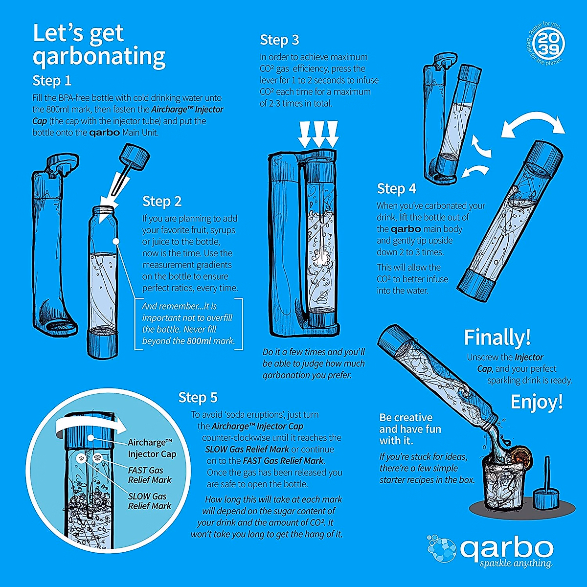 Twenty39 qarbo sparkling water maker Party Plus Bundle with 4 bottles, 3 aircharge caps and cleaning brush (Metallic Red)