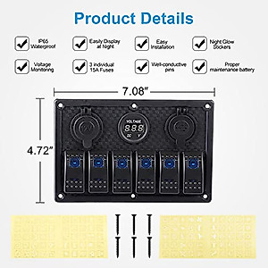 WATERWICH 6 Gang Marine Boat Car Rocker Switch Panel with Led Digital Voltmeter Dual USB Charger Cigarette Power Socket 5 Pin on/Off Switch for RV Vehicle Truck with Night Glow Stickers