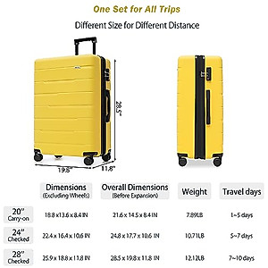 Merax 3 Pcs Expandable ABS Hardshell Luggage Sets with Spinner Wheel Suitcase TSA Lock Suit Case, Yellow, (20/24/28)