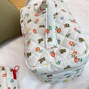 BILIPOPX 3 Pack Kawaii Cute Makeup Bag Bear Aesthetic Travel Quilted Cotton Cosmetic Bag Organizer Toiletry Pouch for Women Teen Girls (Bear Flower)