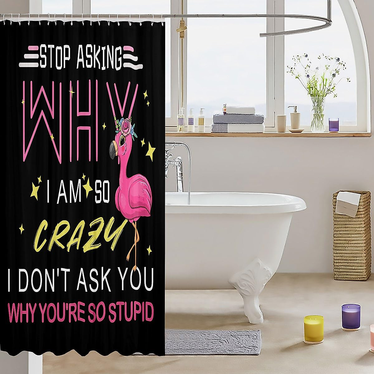 Manfei Cartoon Flamingo Kids Shower Curtains,Tropical American Animals Cute Bathroom Curtains for Girls Boys Adults,Stars Romantic Pink Kawaii Waterproof Curtains,12 Hooks Suits,72" W x 72" L