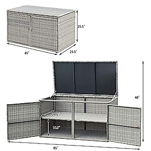 LDAILY Rattan Storage Box, Wicker Storage Box with 2 Shelves, Outdoor Deck Box, Backyard Garden Storage Box with Lid, Rattan Storage Box for Storing Accessories, Tools and Toys - Grey