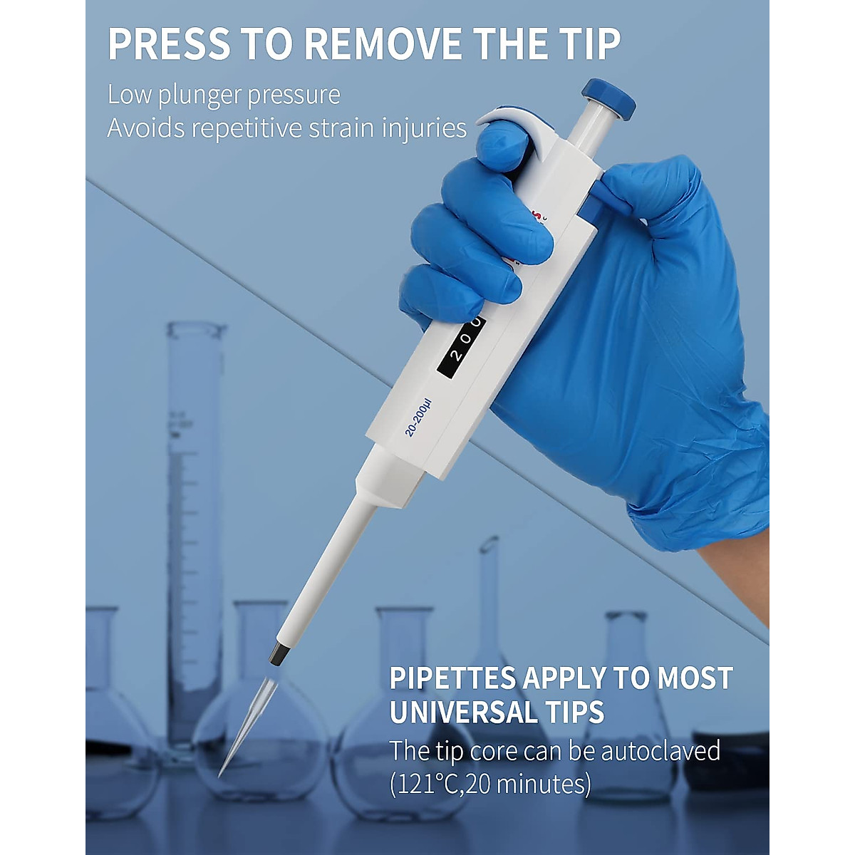 Adjustable Pipettes 20-200μl, Single Channel Pipette Lab Micropipettes Variable Volume, Four E's Scientific