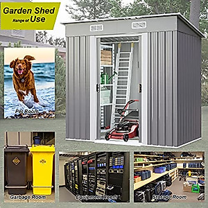 Evedy Sheds & Outdoor Storage, 6'x 6' FT Outdoor Metal Storage Shed, Sliding Doors and Window, Sun Protection, Waterproof Tool Storage Shed for Backyard, Patio, Lawn (Wood Grain & Coffee)
