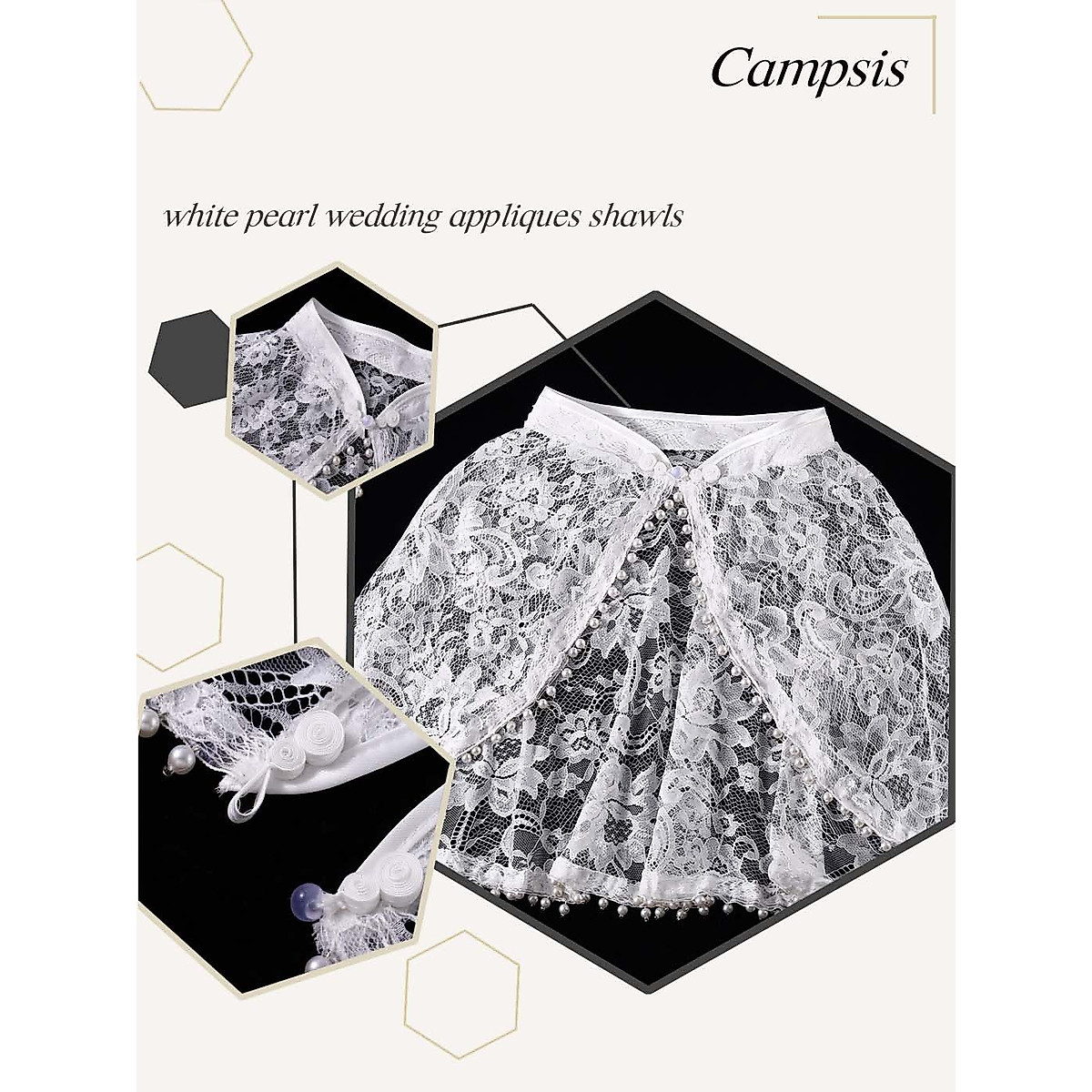 Campsis Pearl Wedding Appliques Shawls Lace Bridal Fringe Wraps Bridal Stoles Wraps for Women (White)