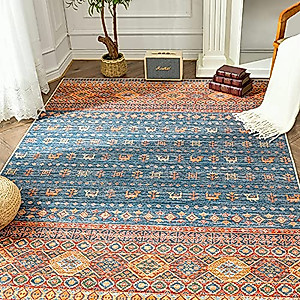 jinchan Area Rug 4x6 Gabbeh Rug Vintage Floor Cover Persian Rug Kitchen Indoor Mat Foldable Thin Rug Navy Blue Print Carpet Non Slip Accent Rug for Bedroom Bathroom Living Room Dining Room