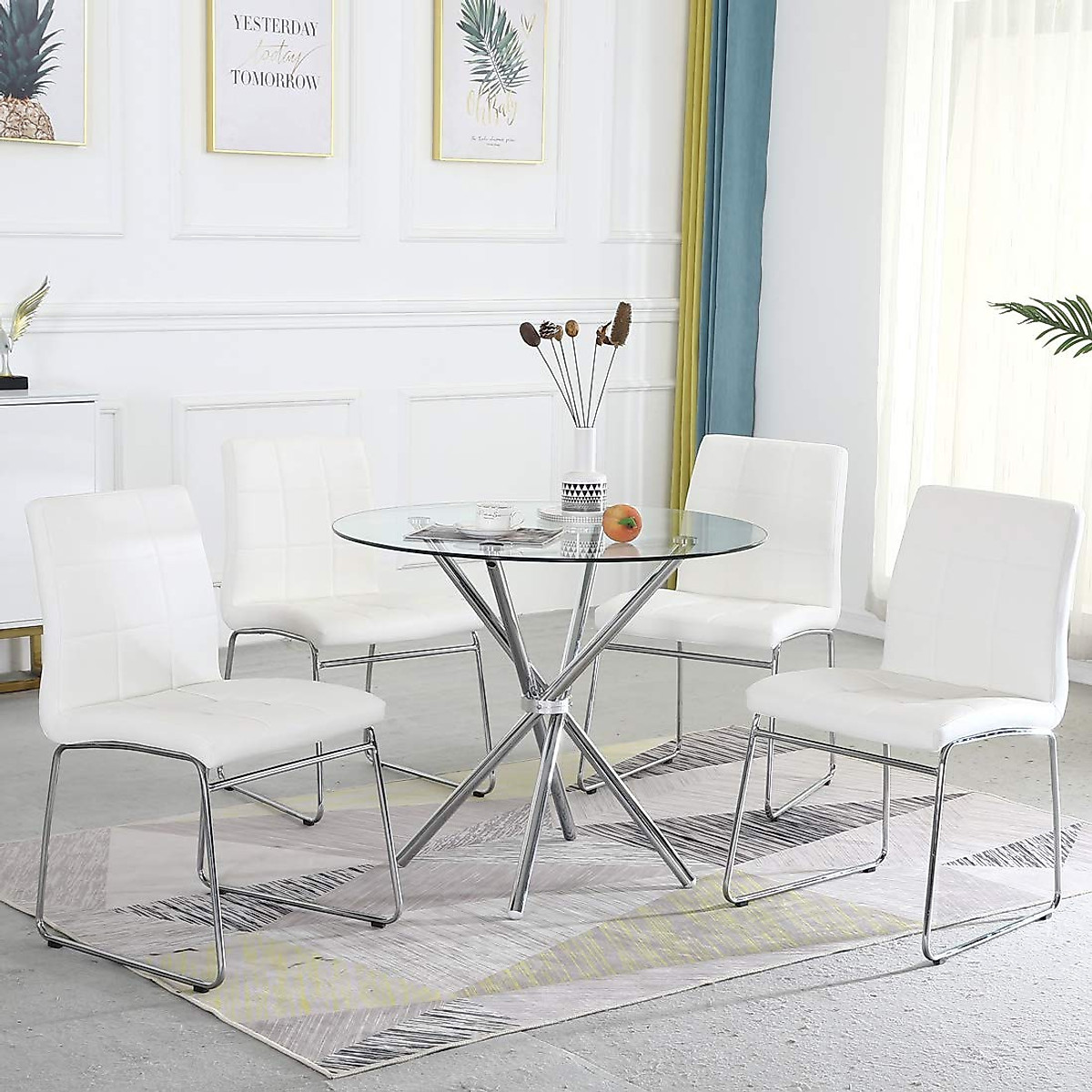 Modern Round Dining Table with Clear Tempered Glass Top, 4 Chrome Legs Kitchen Table for 2 or 4 Person,Round Dining Table Furniture for Home Office Kitchen Dining Room(W 35.4 x L 35.4 x H 29.5 inch)