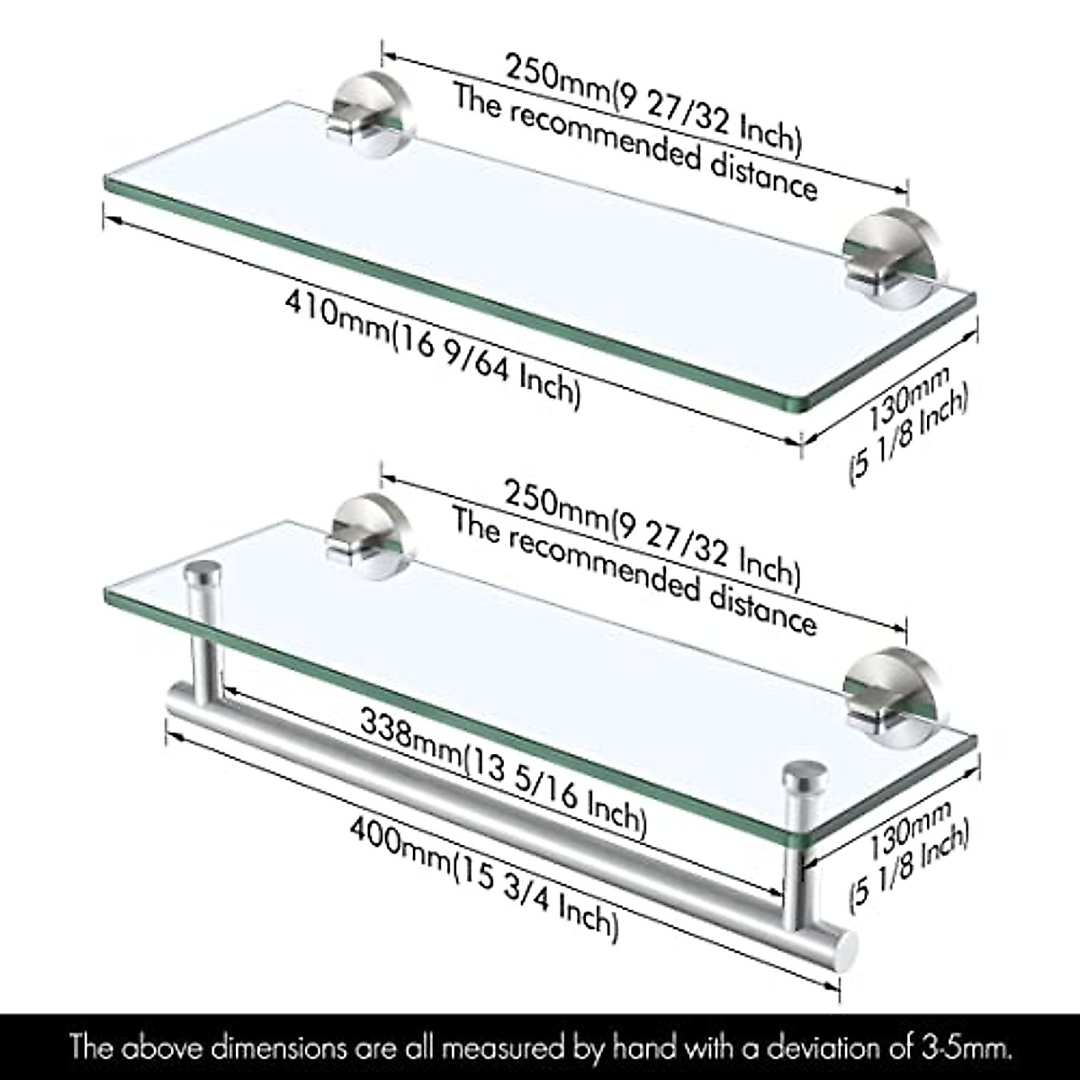 KES 16-Inch Glass Shelves for Bathroom, Bathroom Shelf Tempered Glass 2 Pack Wall Mount SUS 304 Stainless Steel Brushed Finish, A2022S41-2-C1