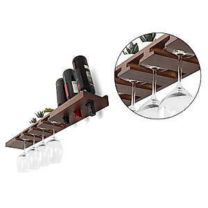 Rustic State Molise Wall Mount Wood Floating Wine Rack Stemware Holder Glassware Shelf Cork Storage Organizer for 3 Bottles and 4 Glasses - Home, Kitchen, Dining Room Bar Décor - Walnut