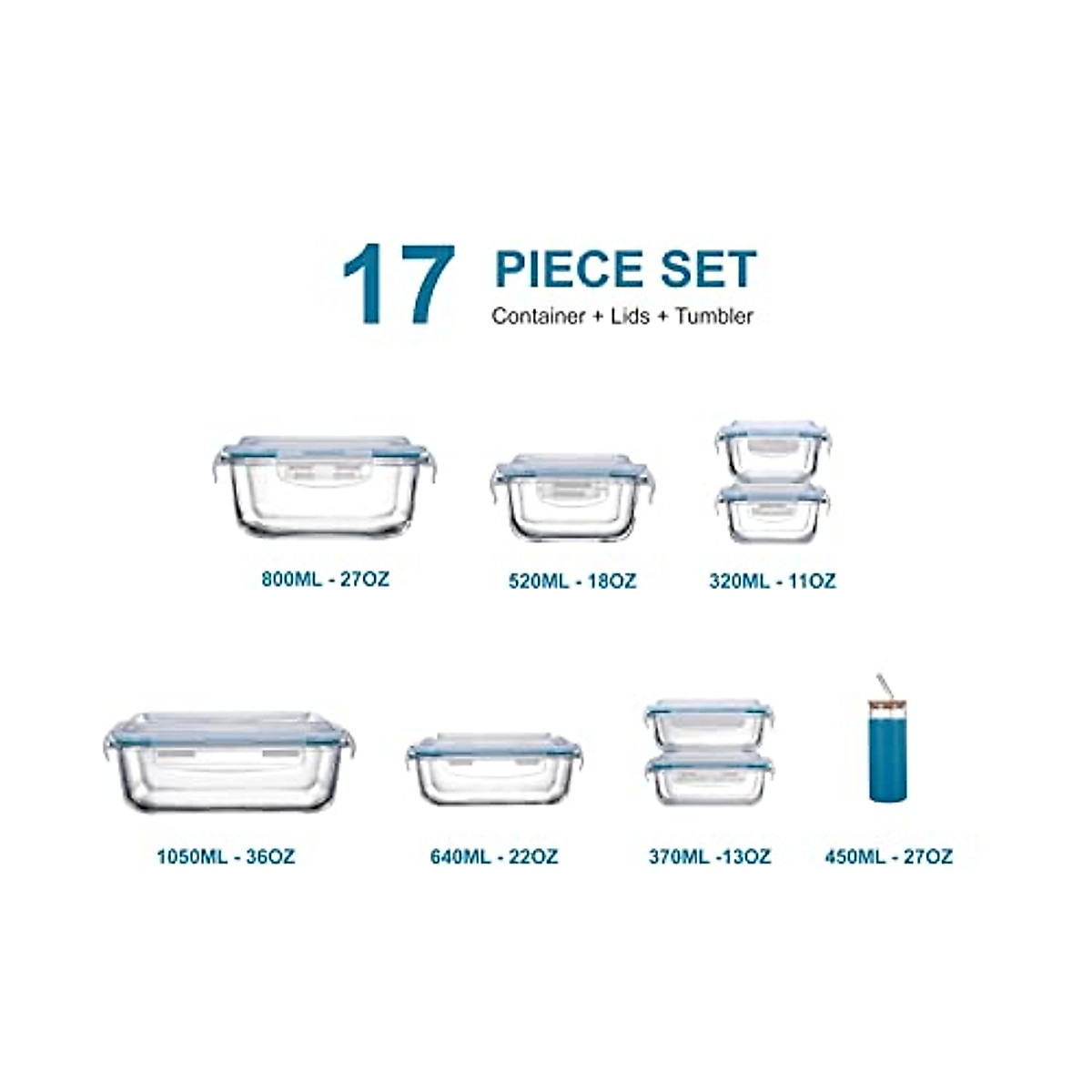 16 Piece Airtight Food Containers + 1 Glass Tumbler -Includes a Wooden Lid, Glass Straw, Cleaning Utensil, Lids Leakproof Microwave Oven Freezer Dishwasher Safe Containers Borosilicate Glass Set