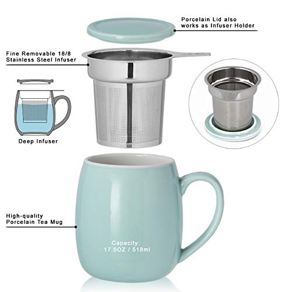 Peacehome Tea Cup Infuser Lid: 17.5 OZ Large Ceramic Tea Mug with Strainer & Cover for Steeping Cup of Hot Tea or Coffee - Fine Porcelain Infuser Tea Mug Set for Work Life Gift (Mint Green)