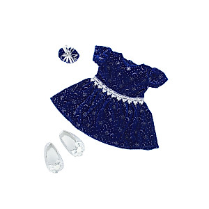 - Midnight Blue - 3 Piece Outfit - Dark Blue Sparkling Holiday Dress with Matching Silver Shoes and Headpiece - Clothes Fits 18 Inch Doll (Doll Not Included)