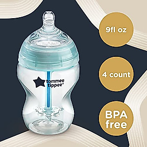 Tommee Tippee Anti-Colic Baby Bottles, Slow Flow Breast-Like Nipple and Unique Anti-Colic Venting System, 9oz, 4 Count, Clear