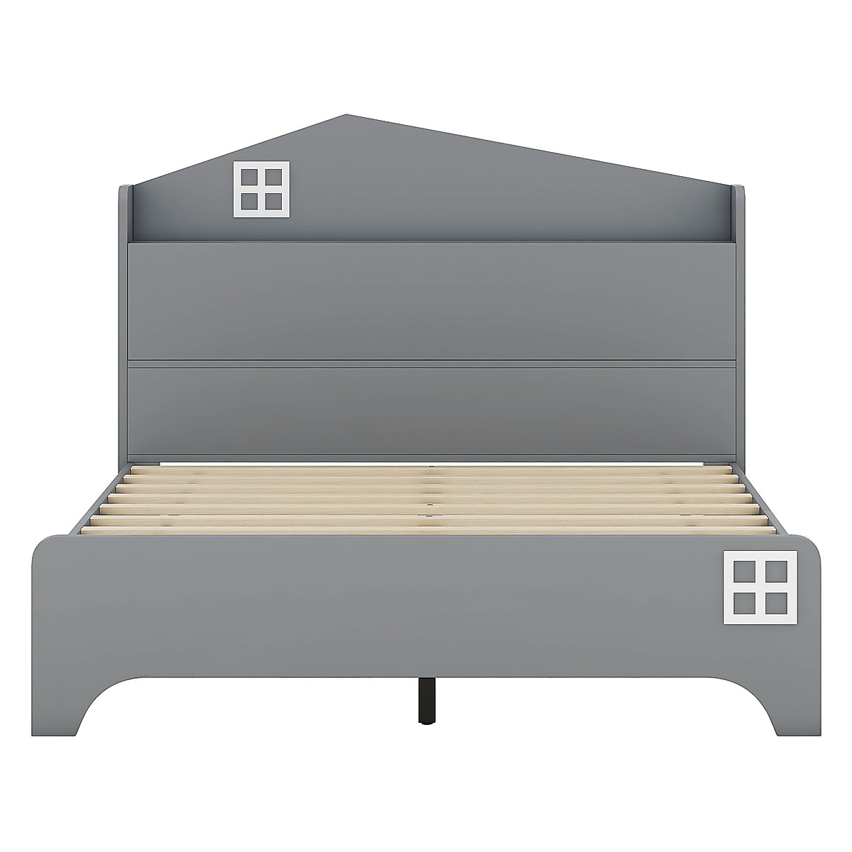 VilroCaz Funny Design Full Size Kids Bed Platform Bed with Storage Headboard, Wooden Platform Bed Frame with Shelves for Kids Teens Boys Girls Bedroom, Sturdy Slat Support (Grey-WF1)