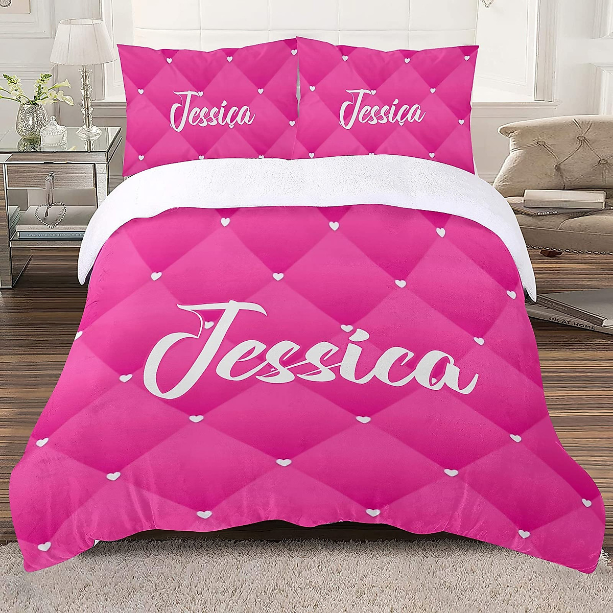 XIUCOO Personalized Pink Heart Print Duvet Cover Sets with Name Bedding Set 3 Pcs Quilt Cover with Zipper for Adult Birthday Gift,Queen Size