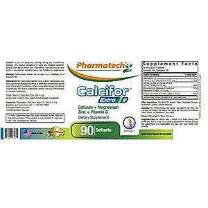 Calcium, Magnesium, Zinc, Plus Vitamin D3, Bone and Teeth Health Supplement Women, Immune System, Gluten Free, Sugar Free, 90 Softgels, Calcifor Extra by Pharmatech ®