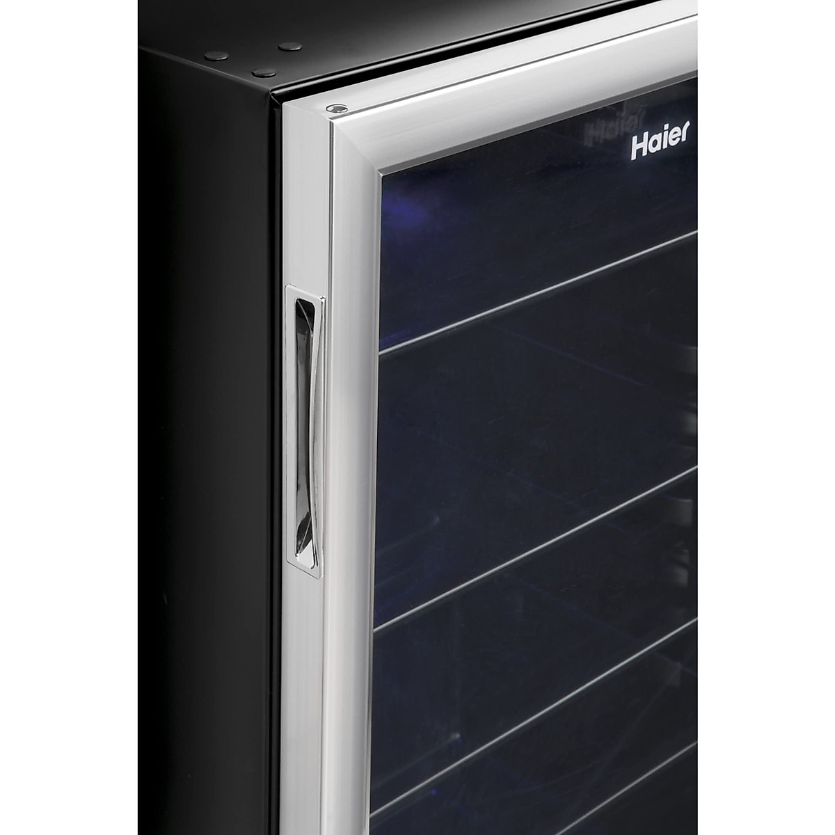 Haier 150-Can Mini Fridge With Lock & Key, Glass Door, Automatic LED Interior Light, 4 Full-Width Glass Shelves & Adjustable Thermostat, Stainless Steel