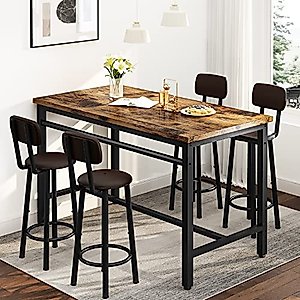 Lamerge Bar Table and Chairs Set Industrial Wood Kitchen Dining Table Space Saving Breakfast Bar Table Counter Height Pub Table with 4 PU Upholstered Chairs with Backrest 5 Pieces Home Kitchen Set