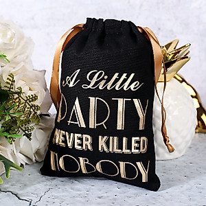 Cytdkve Gold Foil Wedding Favor Bags Bachelorette Party Hangover Kit Drawstring Bags for Bridesmaid Gifts (10 Pieces, Black, 5 x 7 Inch)