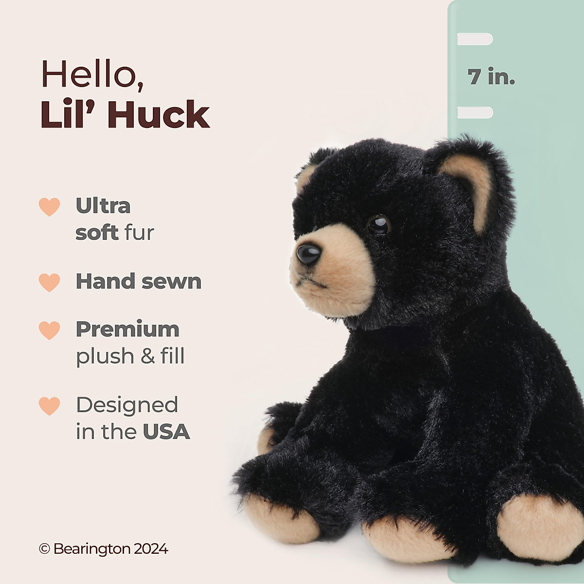 Bearington Lil' Huck Small Plush Stuffed Animal Black Bear, 7 Inches
