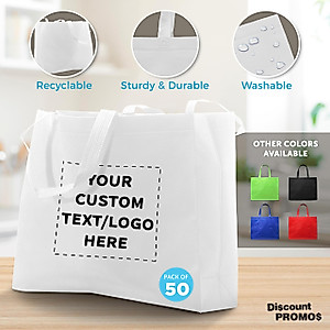 DISCOUNT PROMOS Custom Jumbo Sized Tote Bags Set of 50, Personalized Bulk Pack - Reusable Grocery Bags, Shopping Bags, Promotional Item Totes for Women - White