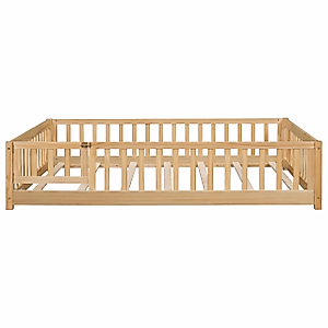 PVWIIK Full Size Montessori Floor Bed Frame with Convertible Door & Wood Slats for Kids,Wood Montessori Bed with Safety Guardrails for Girls & Boys,Natural