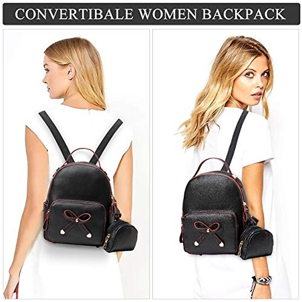 VASCHY Mini Backpack Purse, Cute Small Bow-knot Backpack for Teen Girls,Women and Girls with Detachable Coin Pouch Black