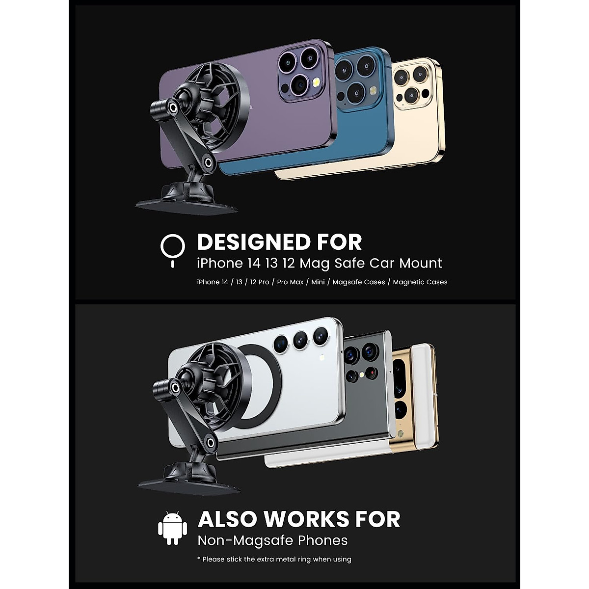 eSamcore Compatible with Magsafe Car Mount, Magnetic Phone Holder for Car with Flexible Base for Magsafe Dash Mount Car Accessories Car Phone Holders for iPhone15 14 13 12 Pro Max [1 PC]