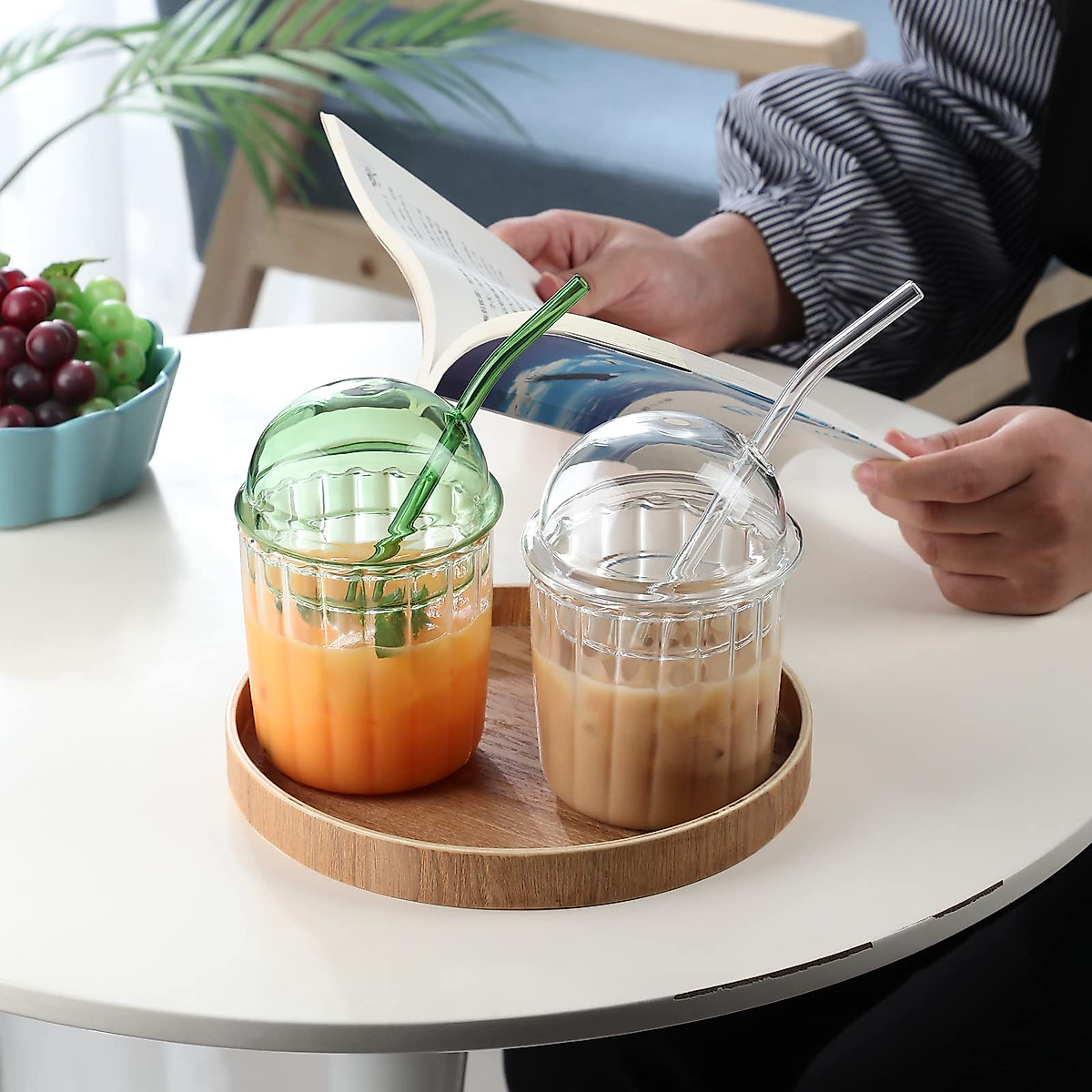 Plcnn Drinking Glasses with Glass Dome Lid and Straw Reusable Wide Mouth Smoothie Cups 15oz Glass Coffee Iced Cup Tumbler Glass Bubble Tea Cup for Coke Soda Home Office Bar