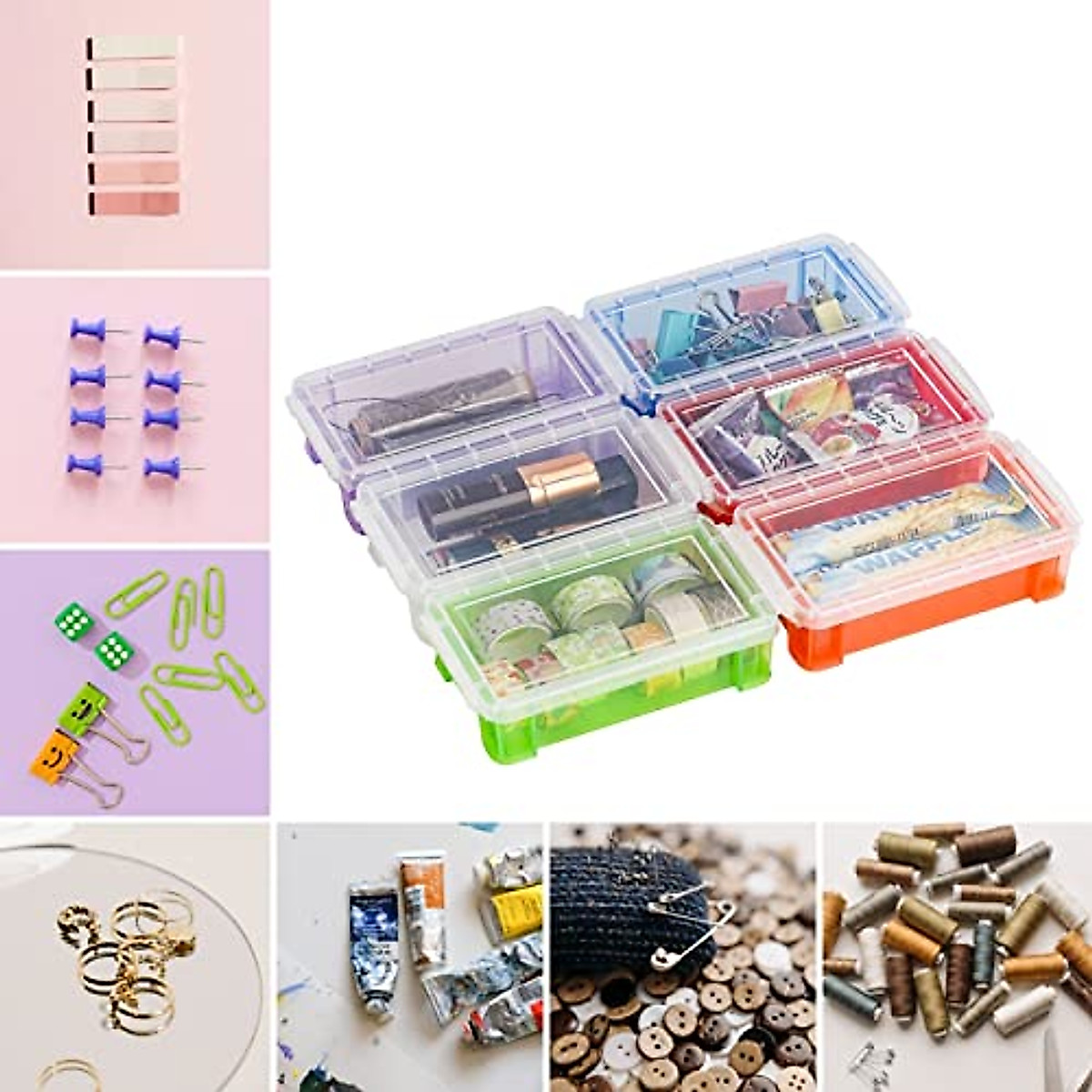 Hiceeden 12 Pack Small Plastic Storage Box with Lid, 5.3"x3"x2" Stackable Clear Latch Storage Case Bins Organizer Container for Craft Items, Jewelry Beads, 6 Colors