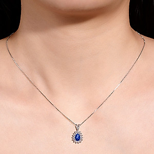 Rylos Sterling Silver Halo Pendant Necklace: 6X4MM Tear Drop/Pear Shape Blue Star Sapphire Fba & Sparkling Diamonds - 18" Chain Exquisite Birthstone Jewelry