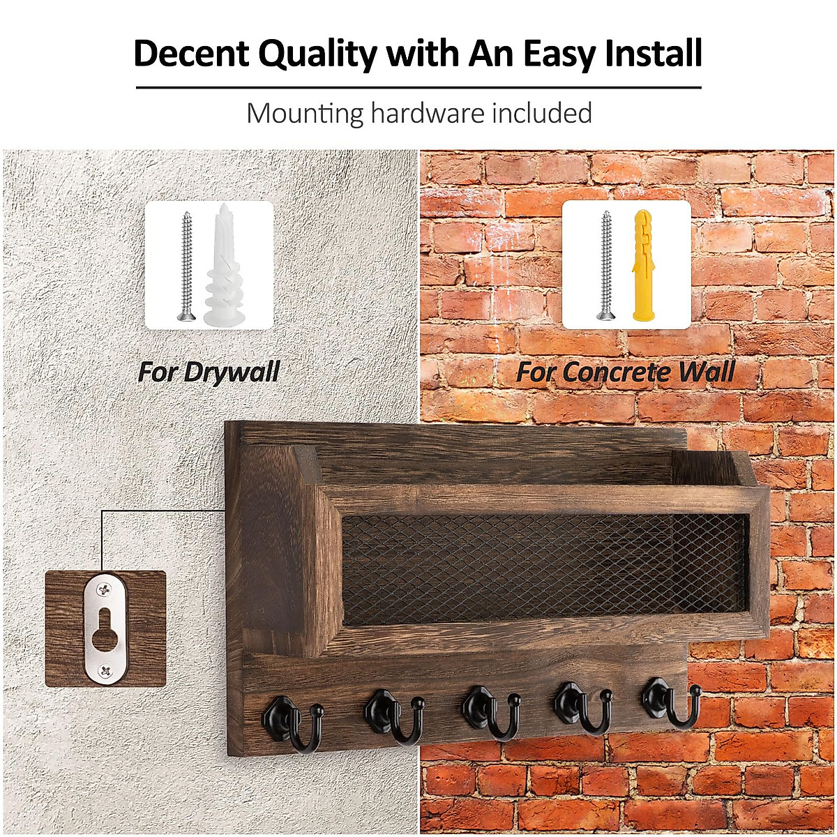 Nekon Mail and Key Holder for Wall Decorative, 11 Inch Wooden Wall Key Organizer with 5 Key Hooks, Wall Mount Storage Shelf for Entryway Hallway (Brown)