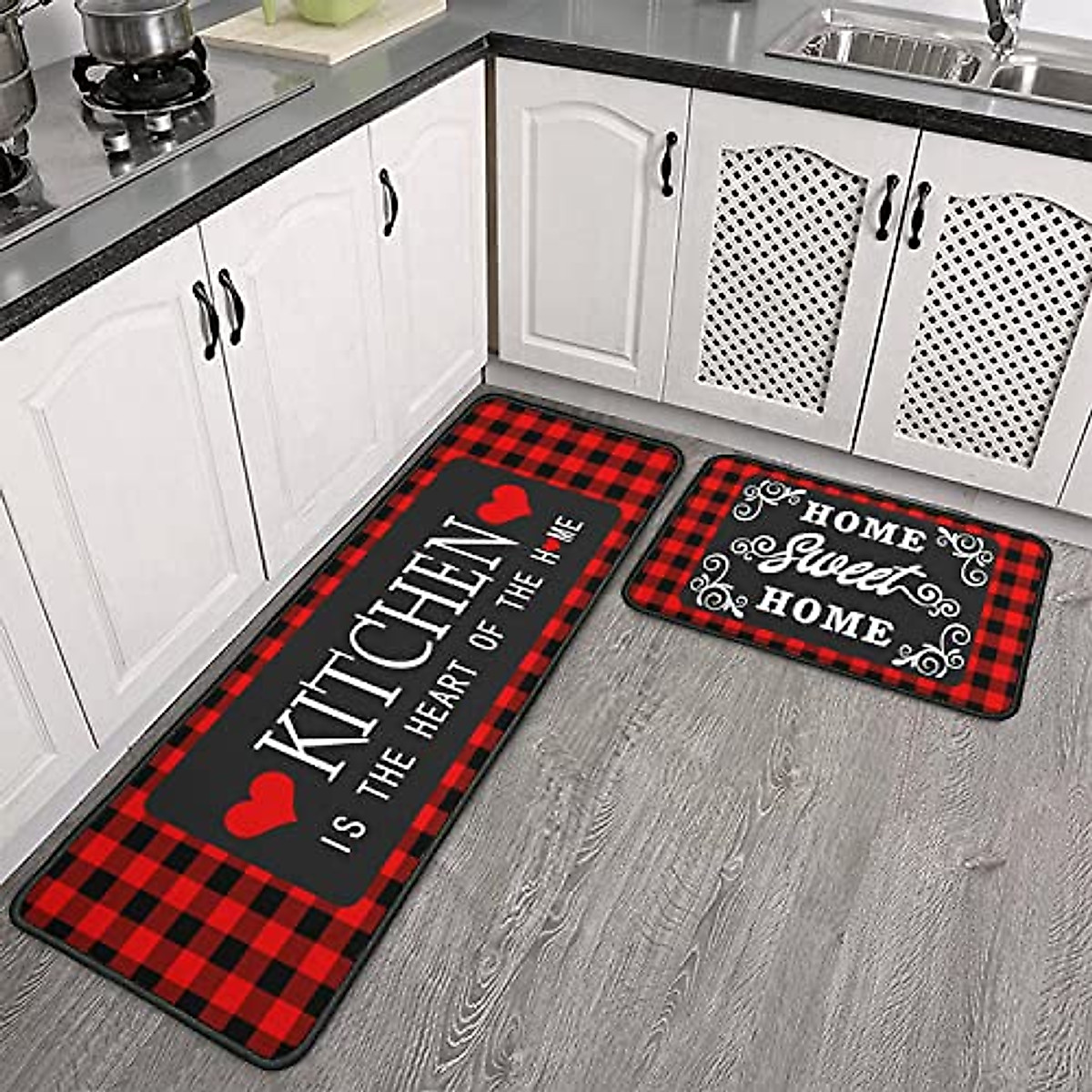 Ghroiep Red and Black Buffalo Plaid Kitchen Decor Rugs Set 2 Piece, Farmhouse Style Home Indoor Kitchen Rugs and Mats Non Skid Washable 17x47+17x30 Inches