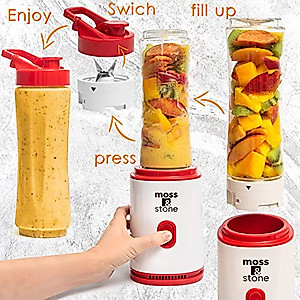 Moss & Stone Personal Blender Single Serve Shake & Smoothies Maker with Portable Travel Sport Bottle - Mini Juicer, White & Red Single Serve Blender for Smoothies and Shakes - Bottle 20 oz