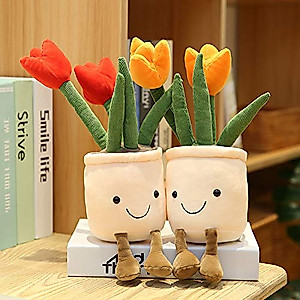 AULUDA Tulip Plush Toy, 13" Orange Flower Pot Stuffed Throw Plushie Pillow Doll, Soft Fluffy Plant Friend Hugging Cushion - Present for Every Age & Occasion