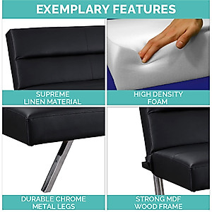 Naomi Home Zoe Futon Sofa Bed, Faux Leather Futon Couch, Modern Convertible Folding Sofa Bed Couch with Chrome Legs, Reclining Mini Couch, Leather Futon Small Couch for Bedroom Living Room - Black