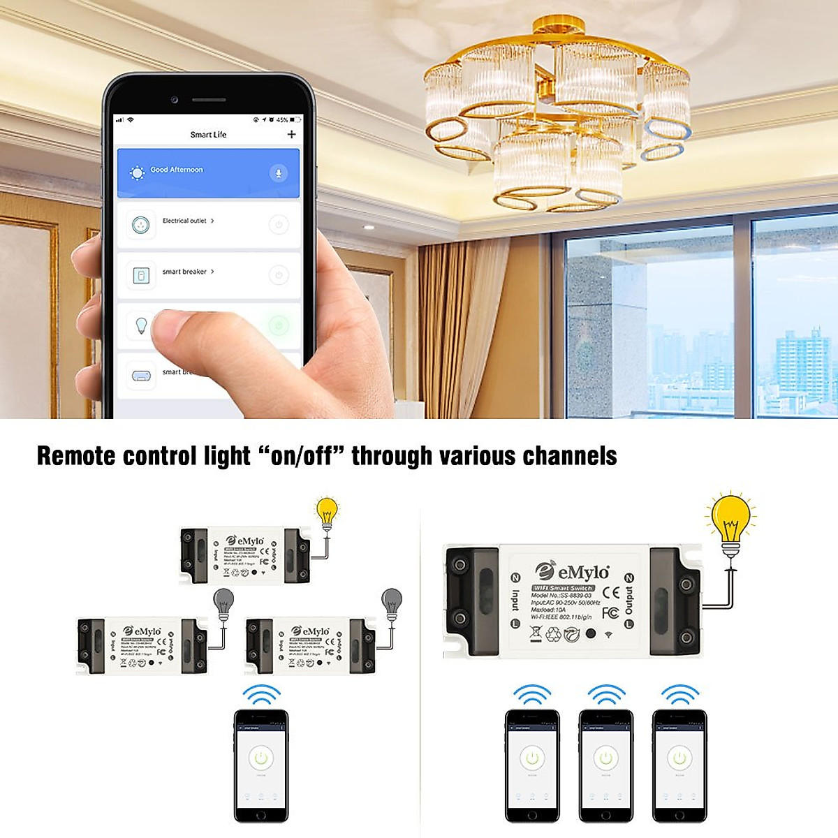 Wifi Switch, Tuya Smart Relay Wireless Remote Control Light Switch Voice Control Outlet Timer Work with Alexa and Google Assistant 90-250V One Channel, 3 Pack
