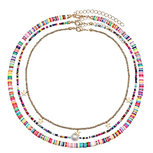 Surfer Heishi Bead Choker Necklace For Woman Star Pearl Polymer Clay Record Disc Beads Layered Necklace Boho Beach Necklace jewelry (rainbow)