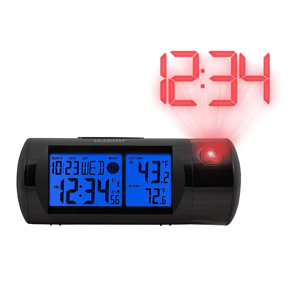 La Crosse Technology 616-143 Projection Alarm Clock with Backlight with in/Out Temp, 7.09" L x 2.87" H, Black
