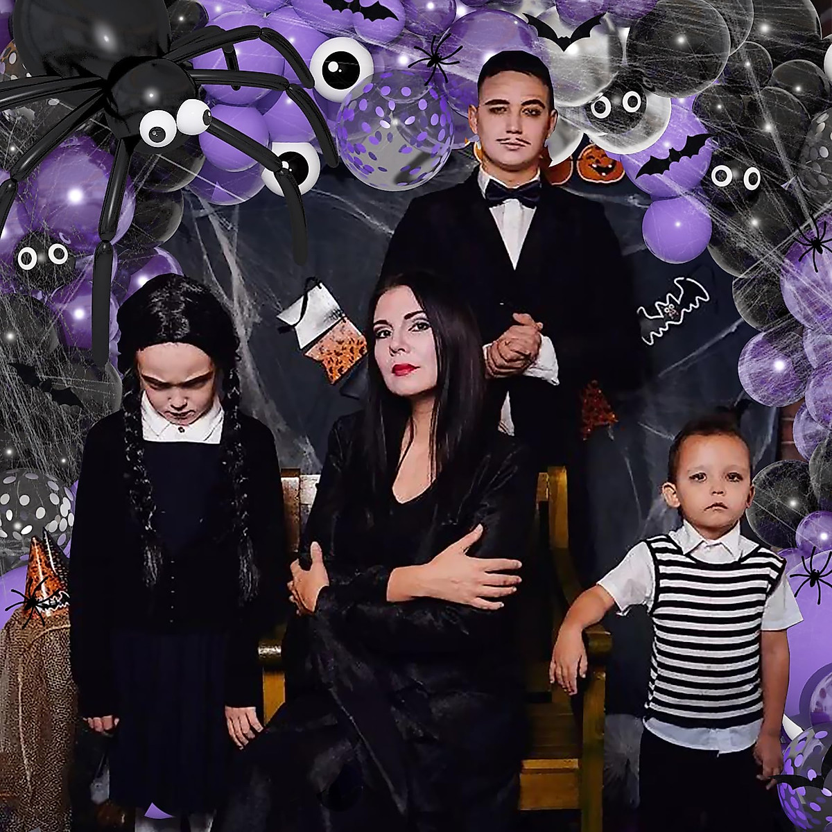 162Pcs Halloween Balloons Arch Garland Kit, Birthday Supplies Purple Black Silver 4D Balloon Spiders Web Bats Happy Birthday Banner for Gothic Halloween Birthday Party Decorations