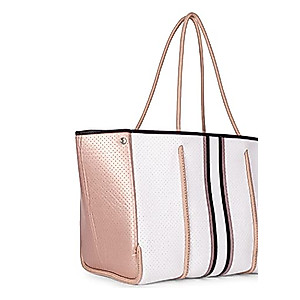 Haute Shore - Greyson Diva Neoprene Tote Bag w/Zipper Wristlet Inside, White W/Black, Rosegold & White Stripe
