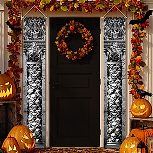 Halloween Gothic Mansion Banners Halloween Skull Hanging Porch Sign with Welcome Foolish Mortals Banner Spooky Halloween Pillar Sign Home Indoor Outdoor Party Supplie