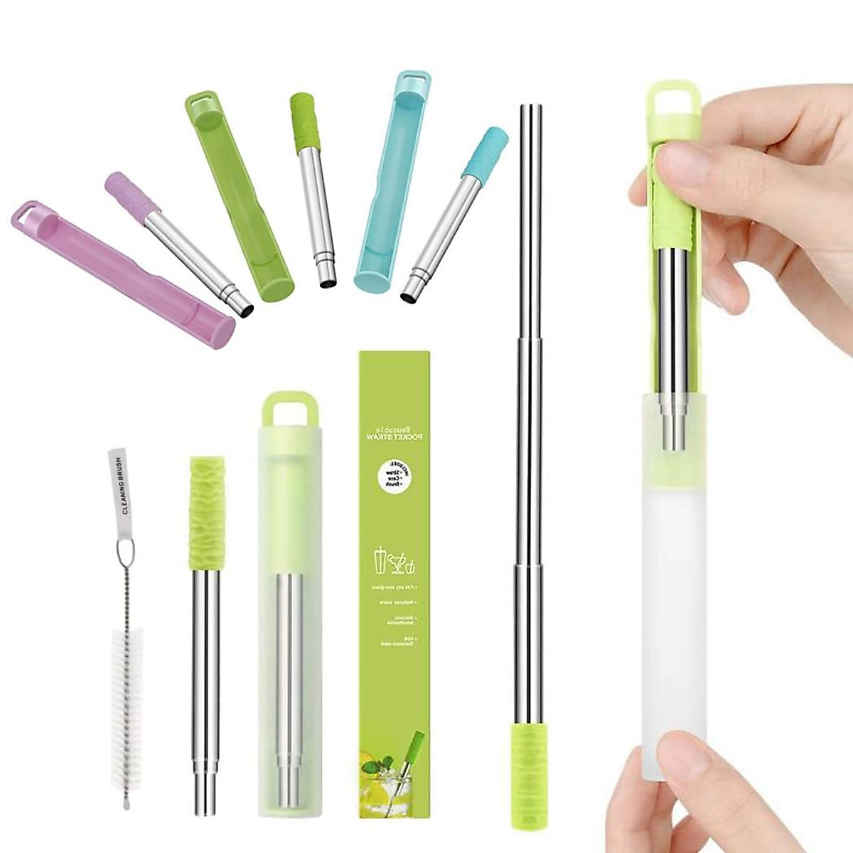 Hoshen 2-Pack Reusable Folding Metal Straw, Outdoor Travel Portable Telescopic Straw, Including Silicone Tip, Cleaning Brush and PP Drawer Shell (Color Box Packaging) - Purple