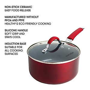 Cooking Light Allure Non-Stick Ceramic Cookware with Silicone Stay Cool Handle, 3 Quart Saucepan, Red